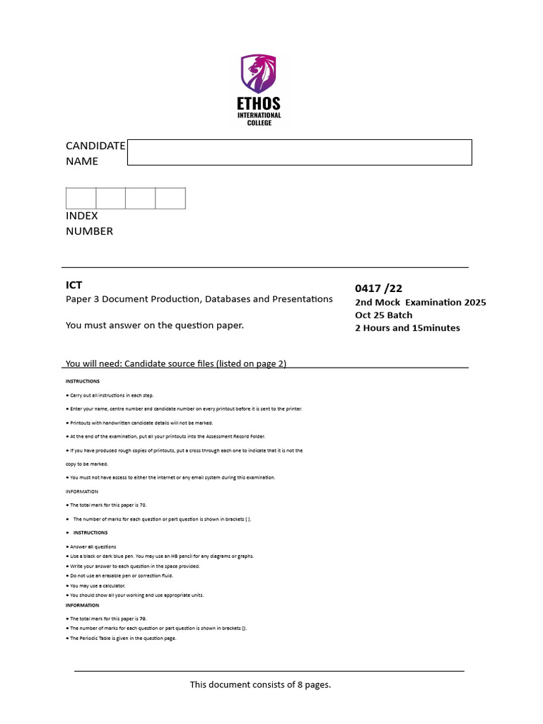 Mock Exam Instructions for ICT Paper 3 | PDF | Comma Separated Values ...