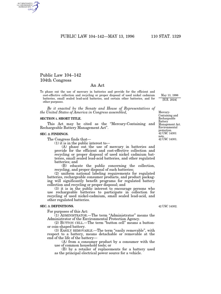 PLAW 104publ142（禁止含汞纽扣电池销售） | PDF