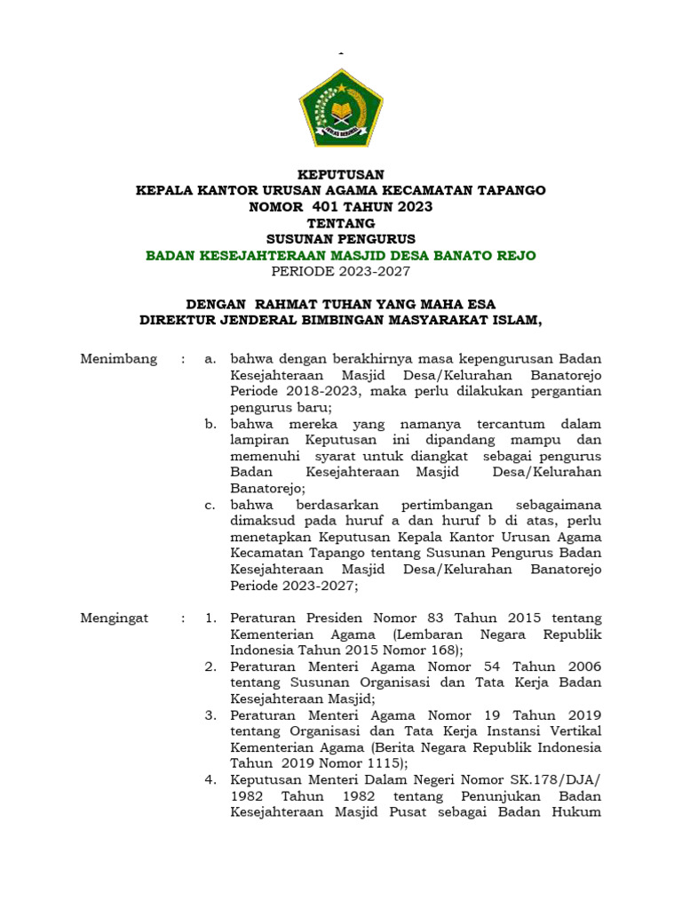 Susunan Pengurus BKM Banatorejo 2023-2027 | PDF