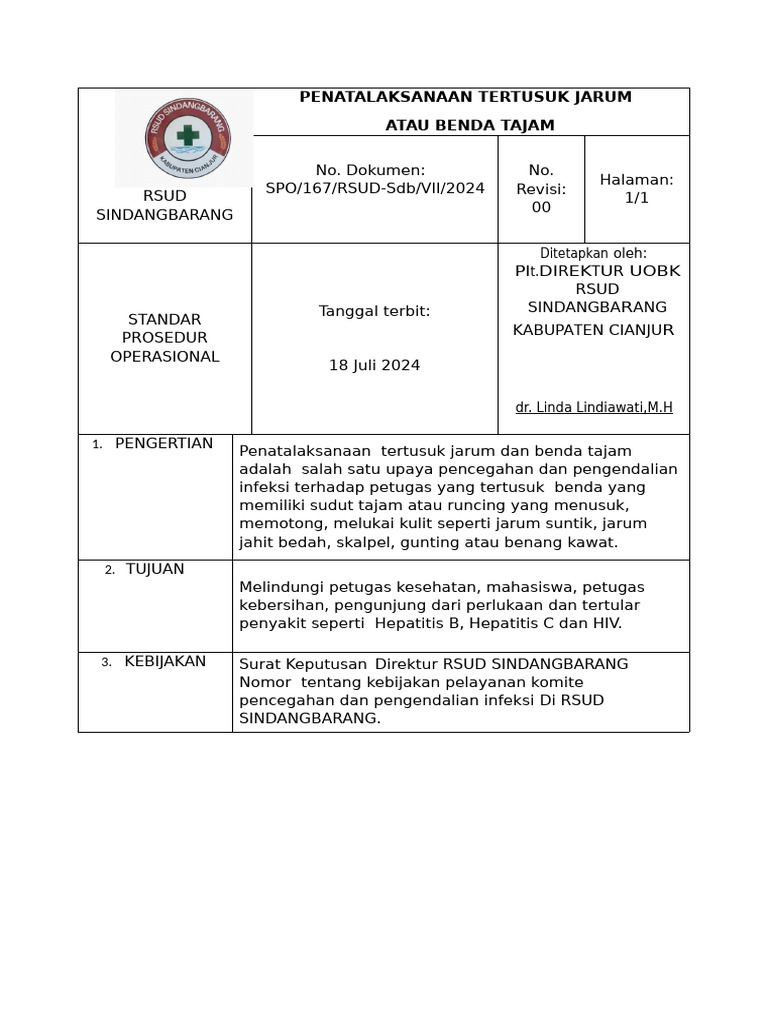 Sop Penatalaksanaan Tertusuk Jarum | PDF