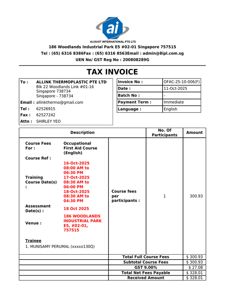 Invoice - OFAC 25 10 006 (F) | PDF