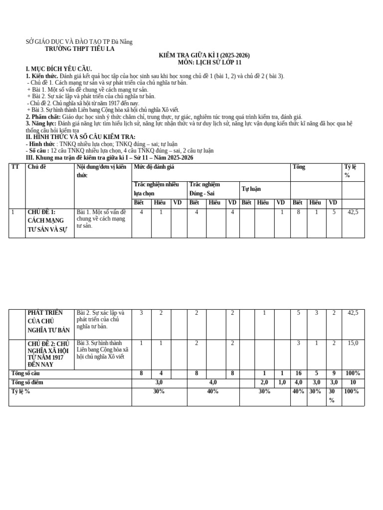 Ma Trận Và Bảng Đặc Tả KT Gki Sử 11 Năm 25-26 (Đã Phản Biện) | PDF