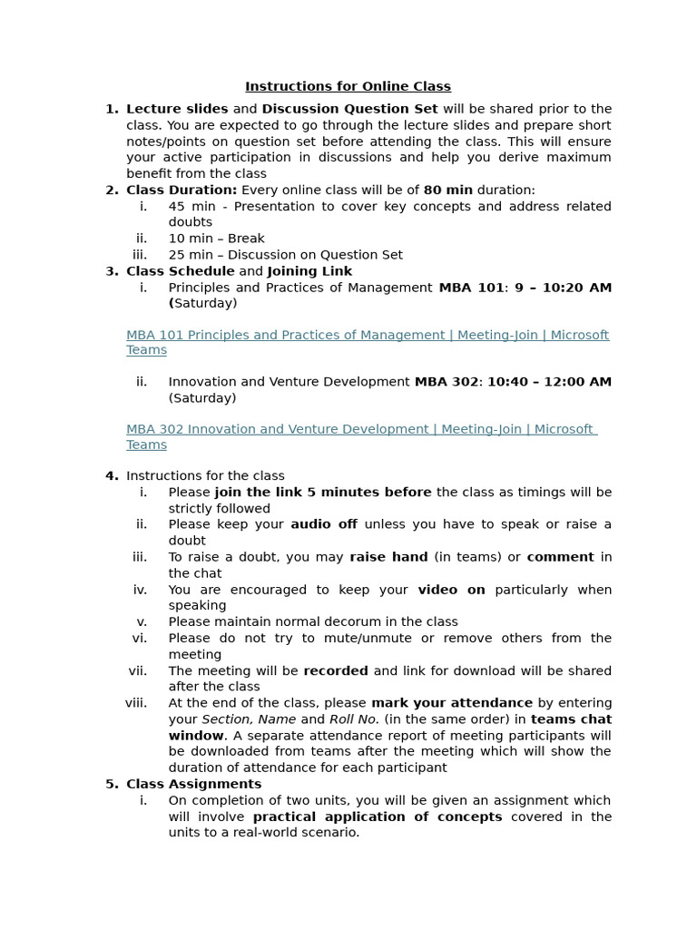 Online Class Instructions and Schedule | PDF