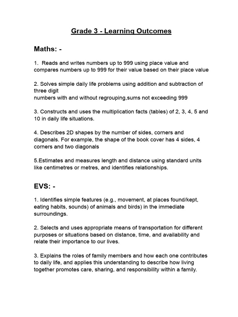 Grade 3 Learning Outcomes Overview | PDF | English Language | Learning