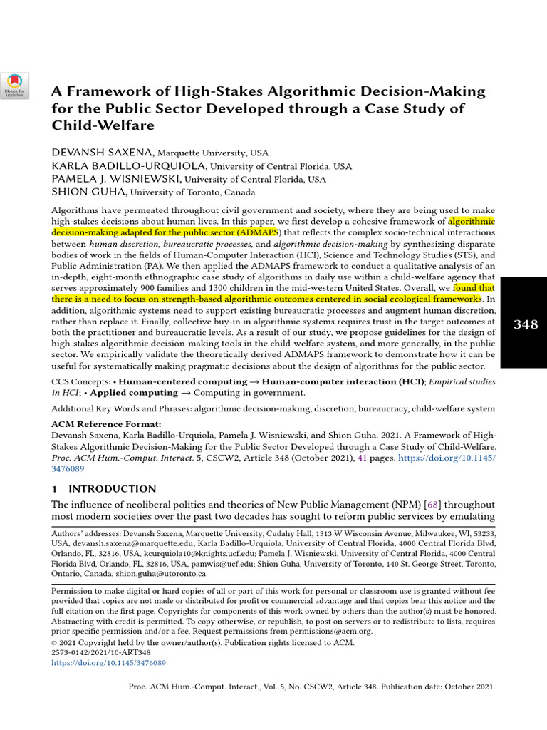 Framework for Algorithmic Decision-Making in Child Welfare | PDF ...
