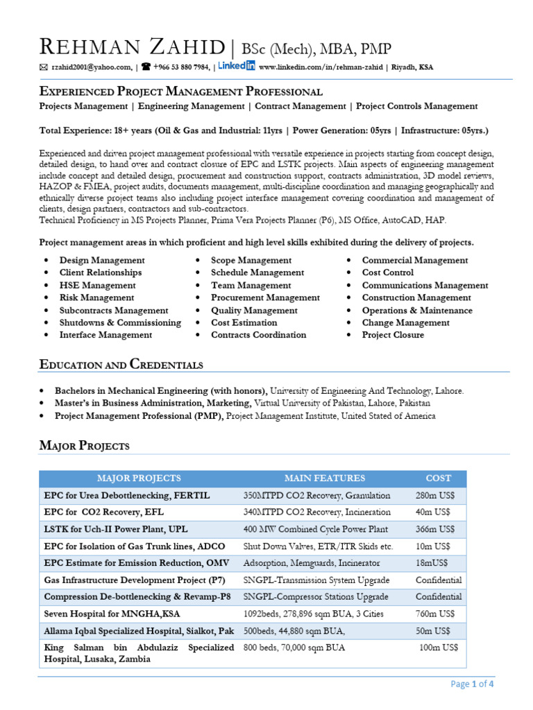 Rehman Zahid - Basic CV - Jun-2019 | PDF | Project Management
