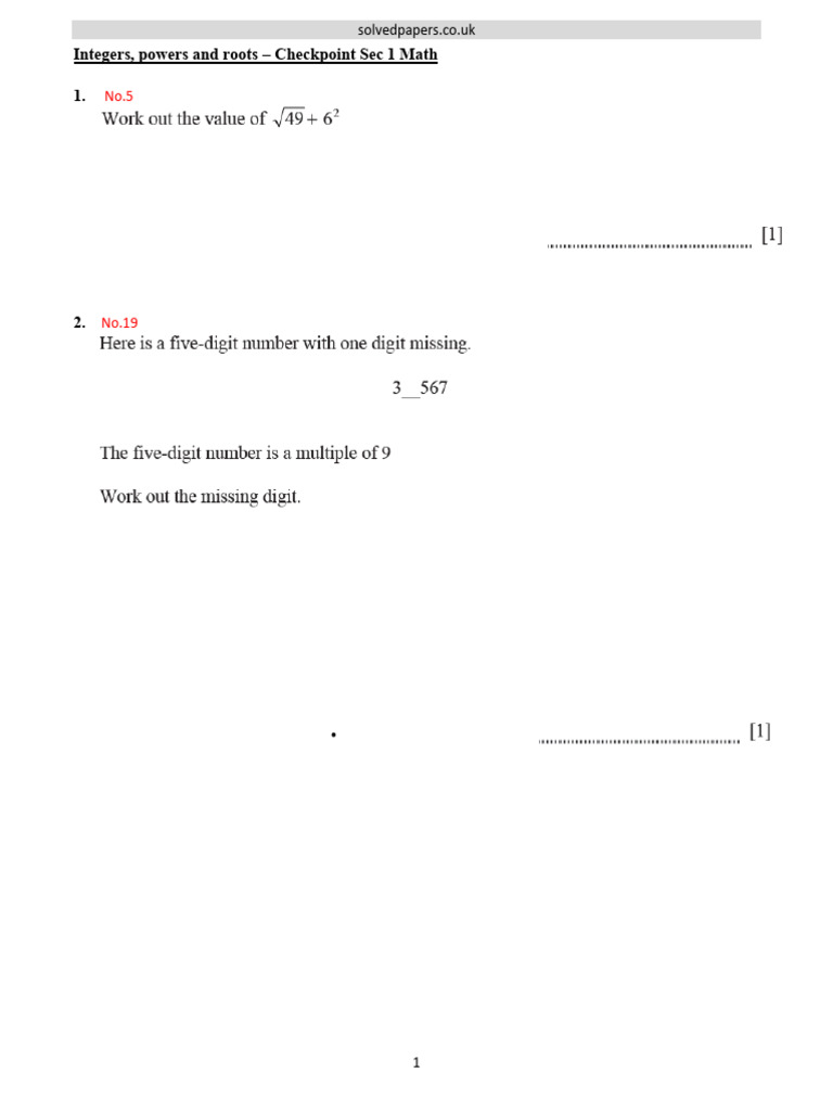 CPS2217 Integers Powers and Roots 82016 Checkpoint Sec 1 Mathematics | PDF