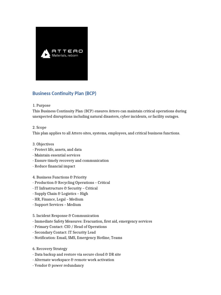 Attero Business Continuity Plan Overview | PDF
