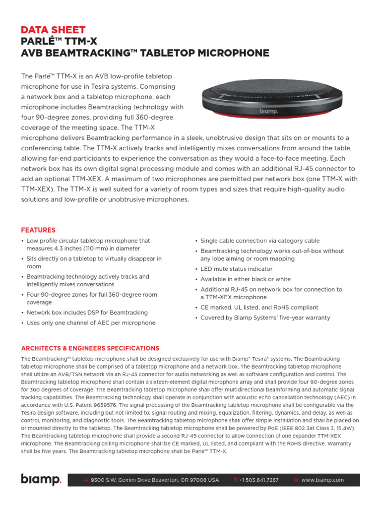 Biamp Data Sheet Parle TTM-X Jul22 2076 | PDF | Microphone | Electronic ...