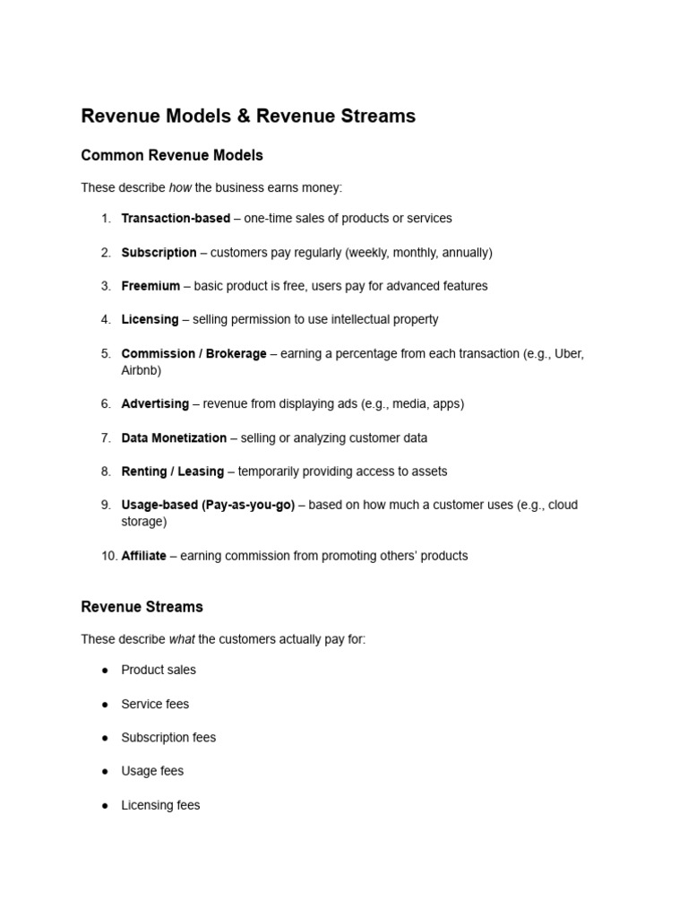 Revenue Models and Streams Overview | PDF | Subscription Business Model ...