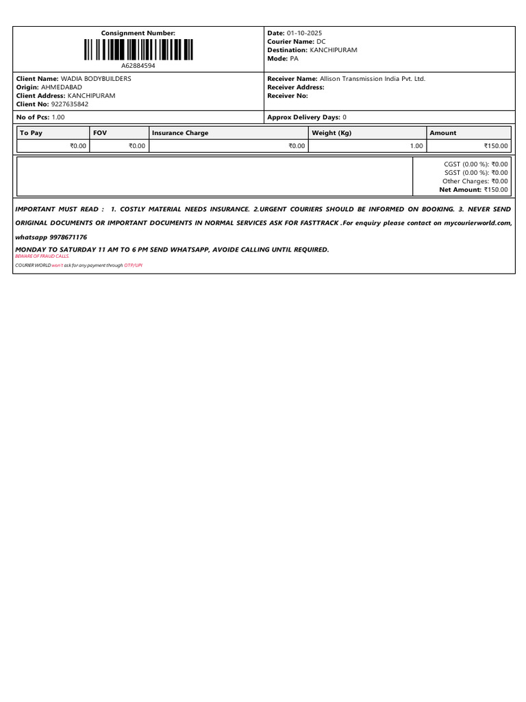 01-10-2025 DC Kanchipuram PA: Consignment Number: Date: Courier Name ...