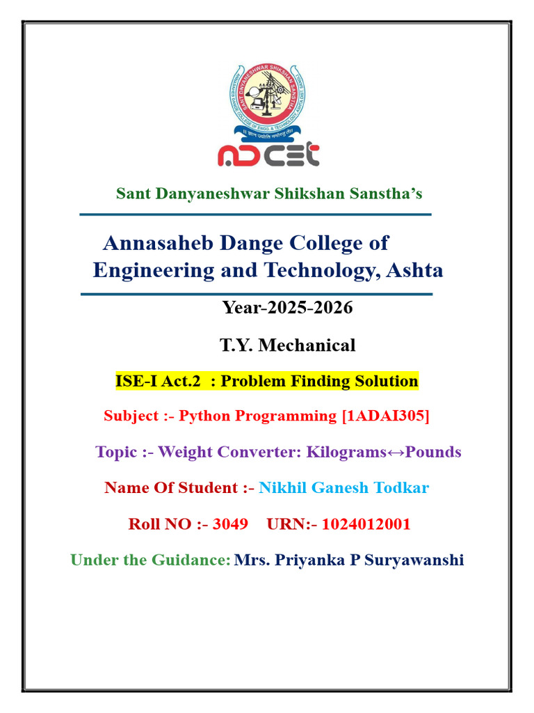 Annasaheb Dange College of Engineering and Technology, Ashta | PDF