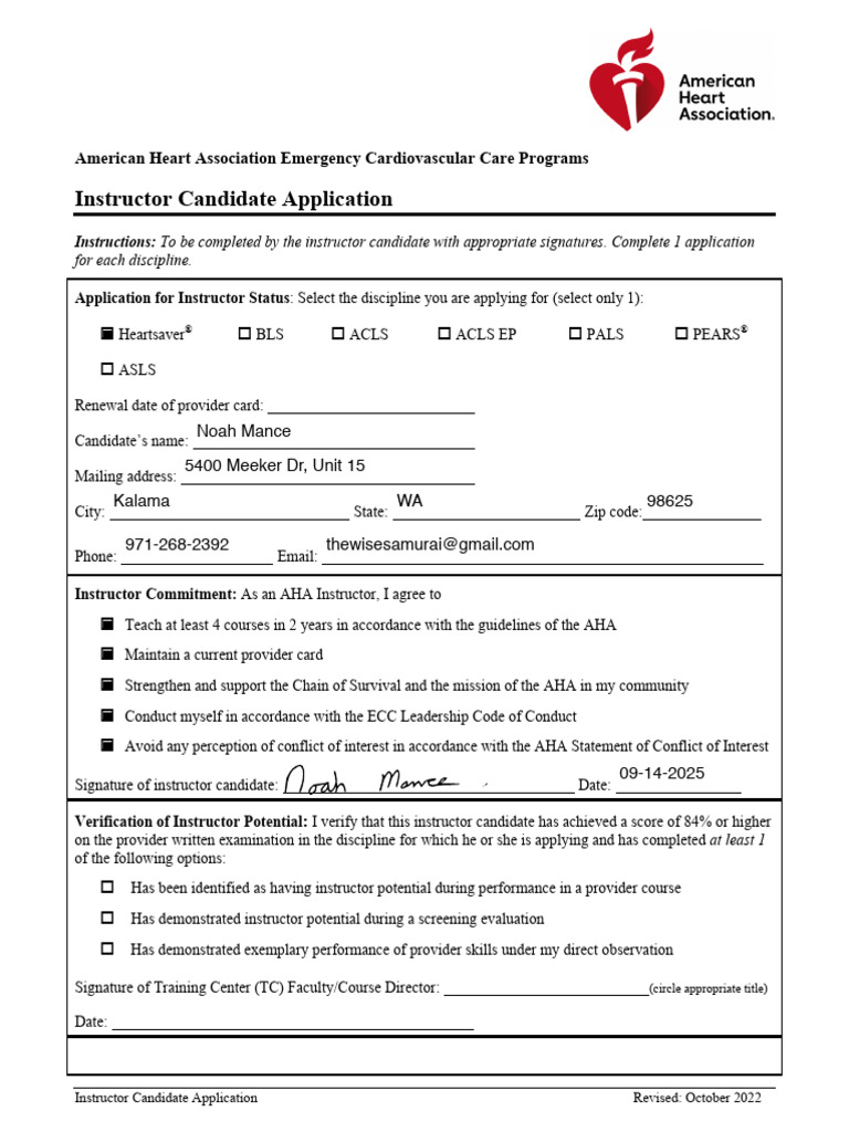 - AHA Instructor Candidate Application | PDF