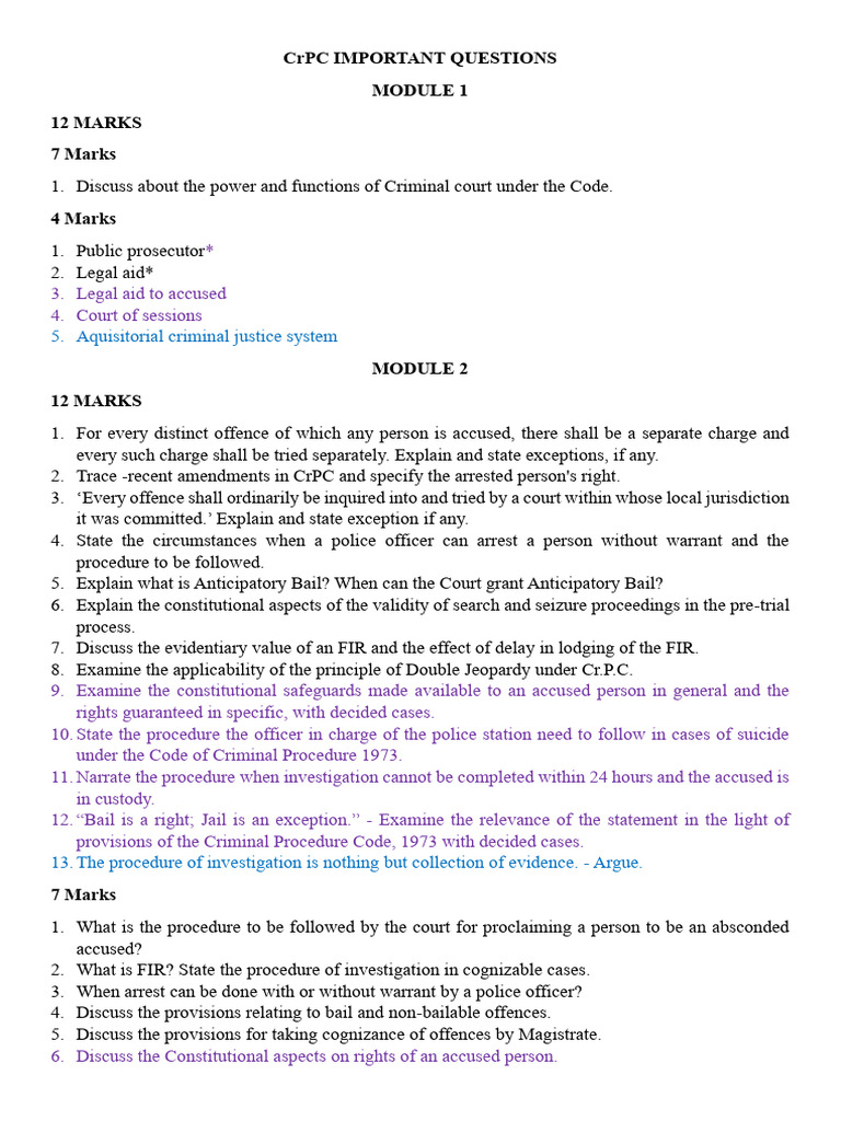 CRPC Important Questions | PDF | Bail | Criminal Procedure In South Africa