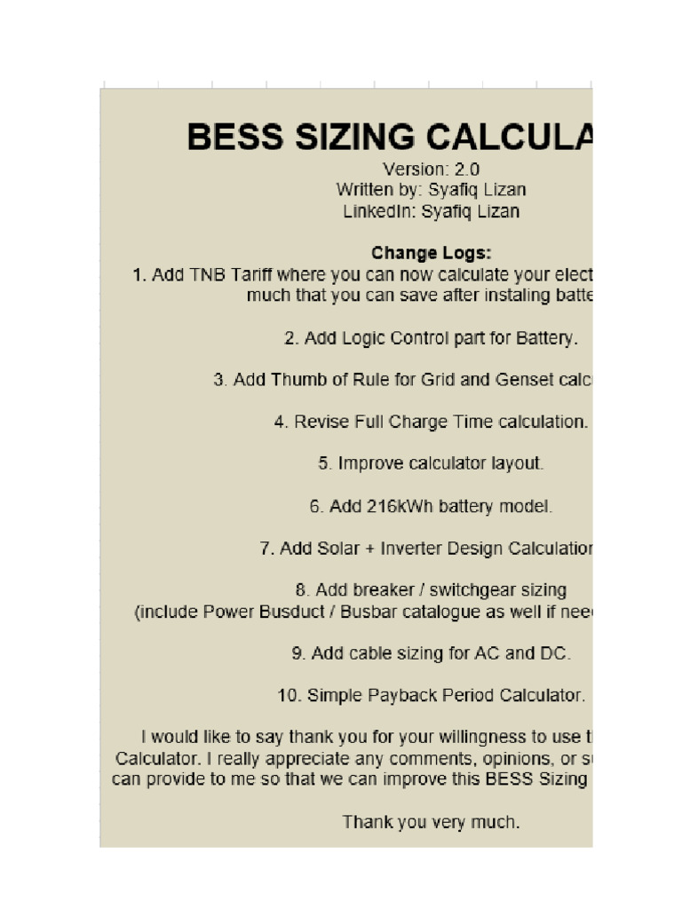 BESS Sizing Calculator V2.0 Guide | PDF | Transformer | Workweek And ...