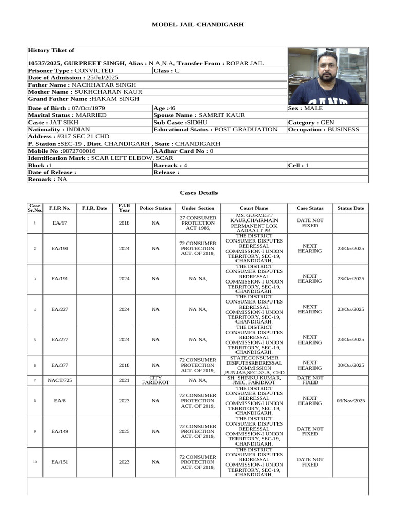 Chandigarh Jail Inmate Profile: Gurpreet Singh | PDF | Indian Religions ...