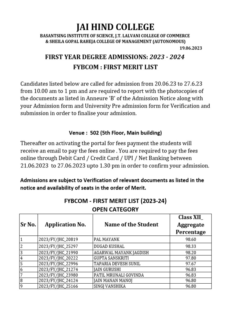 Fybcom First Merit List Open Category 2023 24 | PDF | Banking Technology | Payments