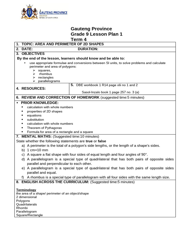 Grade 9 Area and Perimeter Lesson Plan | PDF | Area | Rectangle