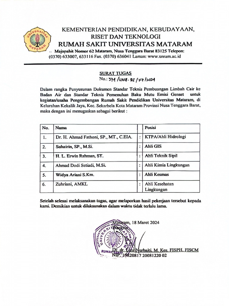 Surat Tugas Pertek Dari Direktur Rs Unram | PDF