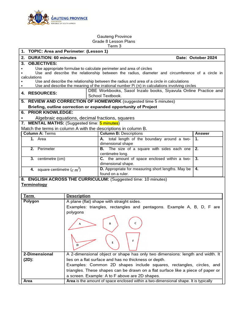 Grade 8 Area and Perimeter MIP-1 | PDF | Area | Circle