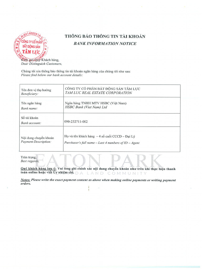 Bank Information Notice - Eaton Park - To Agent | PDF