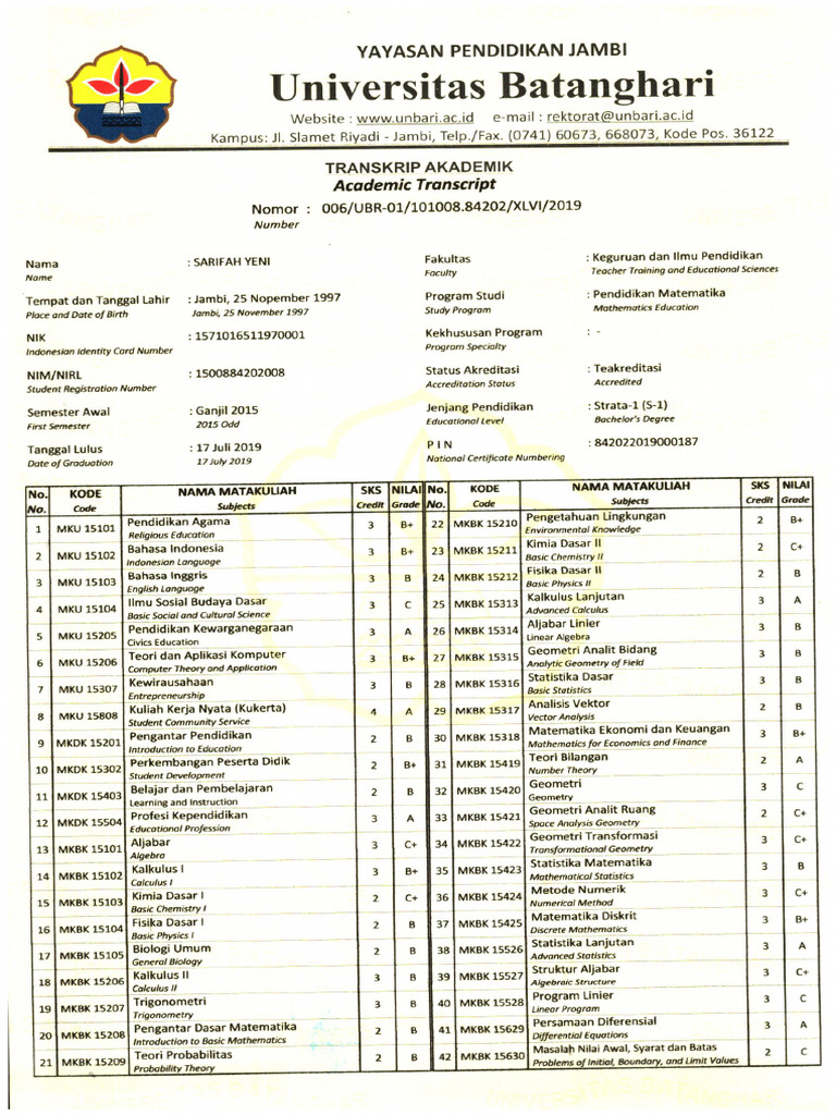 Ijazah S-1 Transkrip Nilai Yeni | PDF