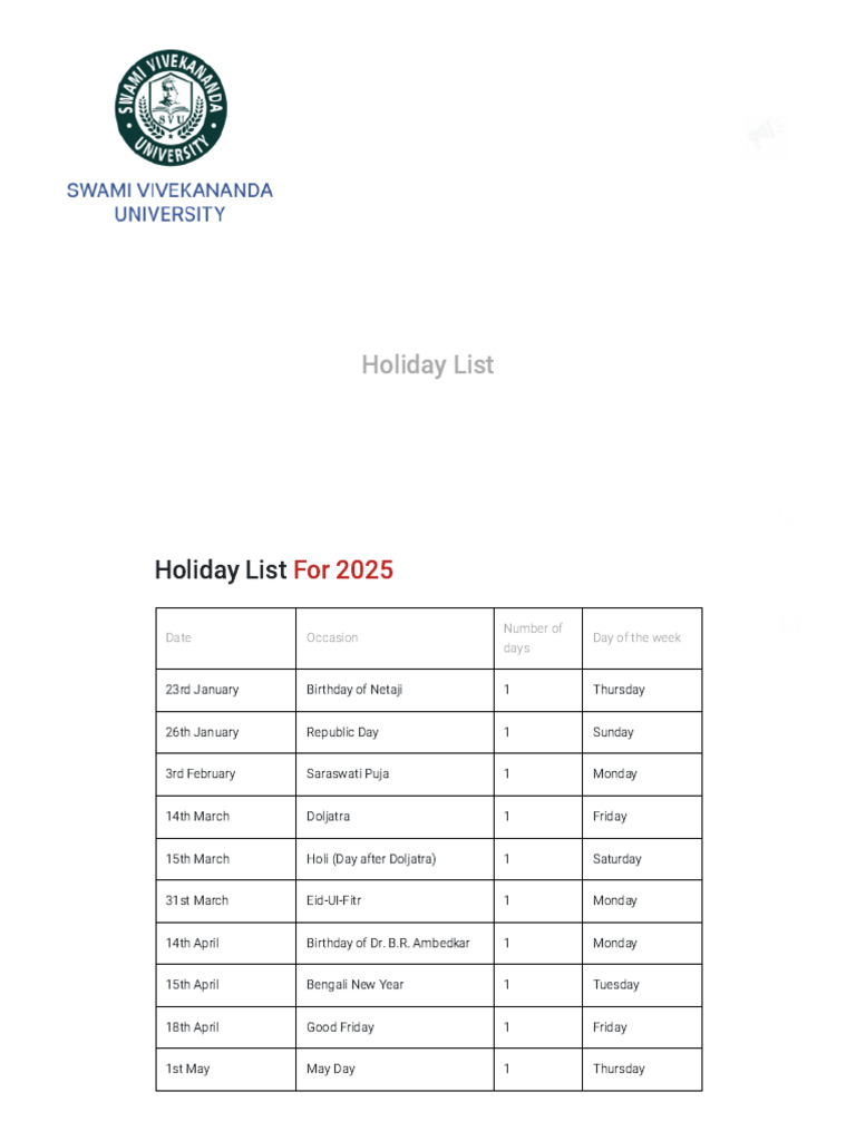 Holiday List - Swami Vivekananda University | PDF | Hindu Worship
