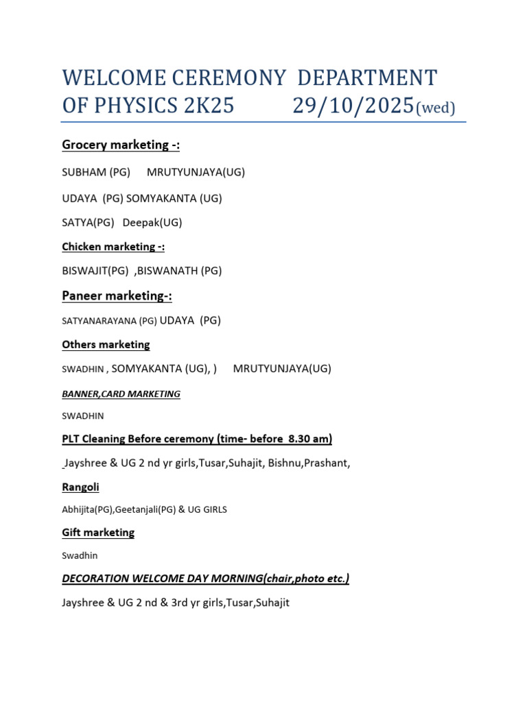 Welcome Ceremony Department of Physics 2k25 | PDF