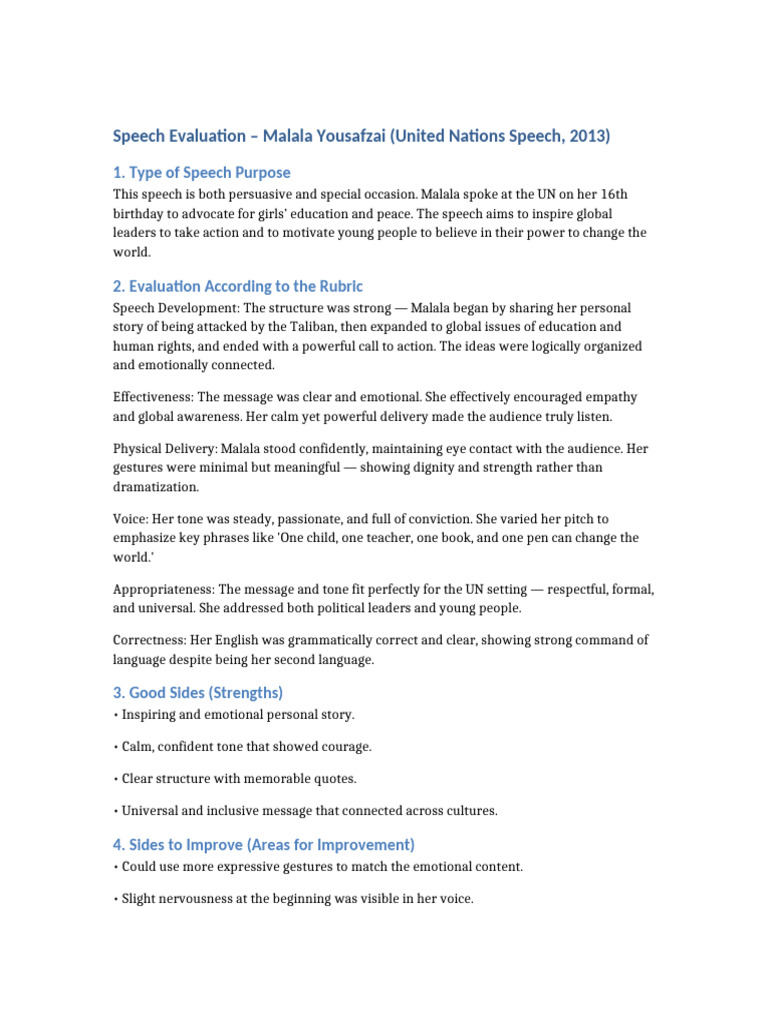 Malala's UN Speech: A Summary | PDF | Malala Yousafzai | Public Speaking