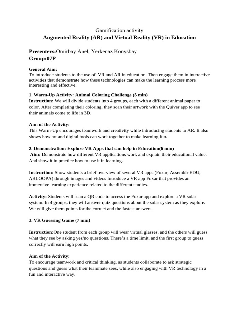 Gamification Activity Lesson Plan | PDF | Augmented Reality | Virtual Reality