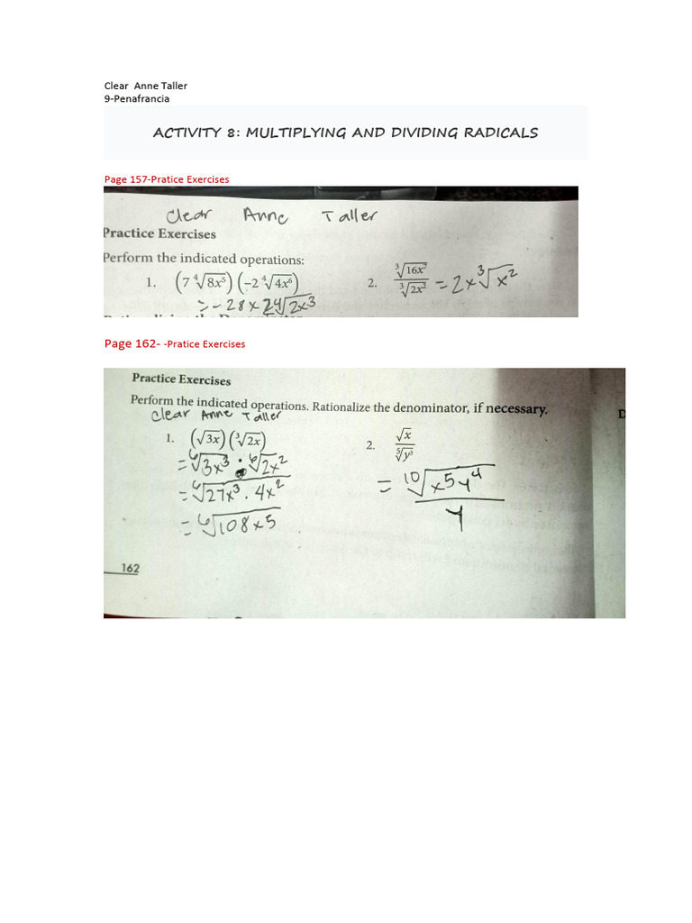 Activity 8 Multiplying and Dividing Radicals | PDF