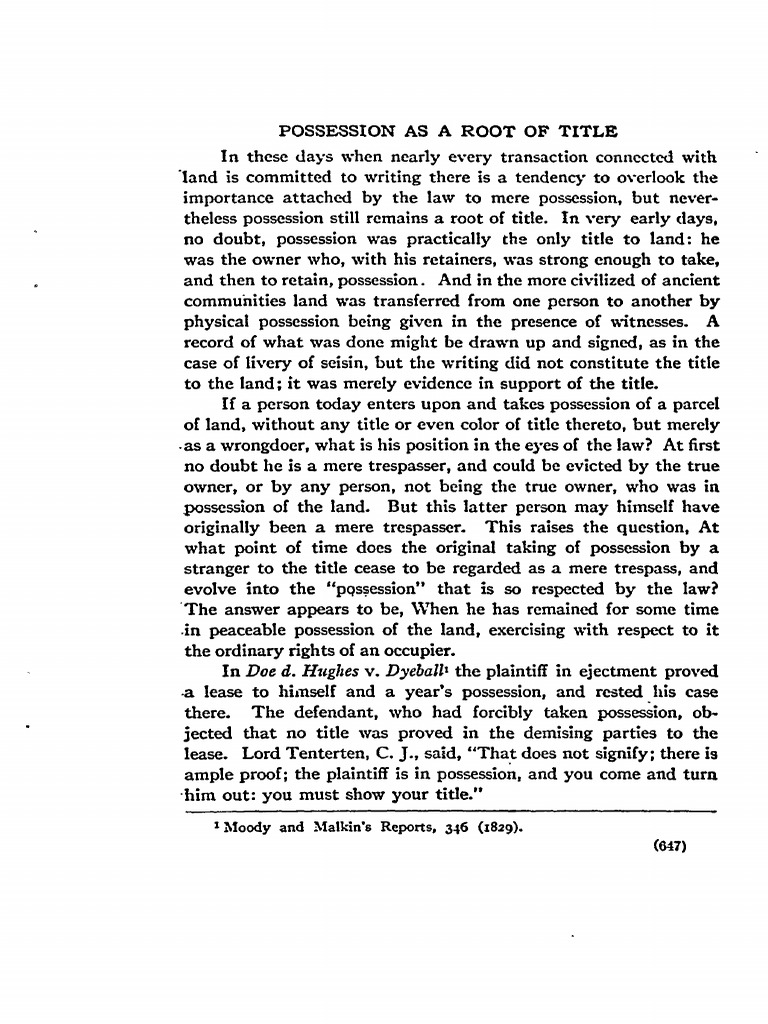 Possession As Root of Title | PDF | Mortgage Law | Seisin