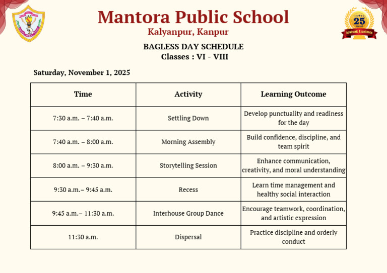 Bagless Day Activities Schedule | PDF