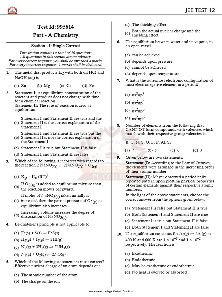 JEE TEST 12-TestPaper-1761798230 | PDF | Chemical Equilibrium ...