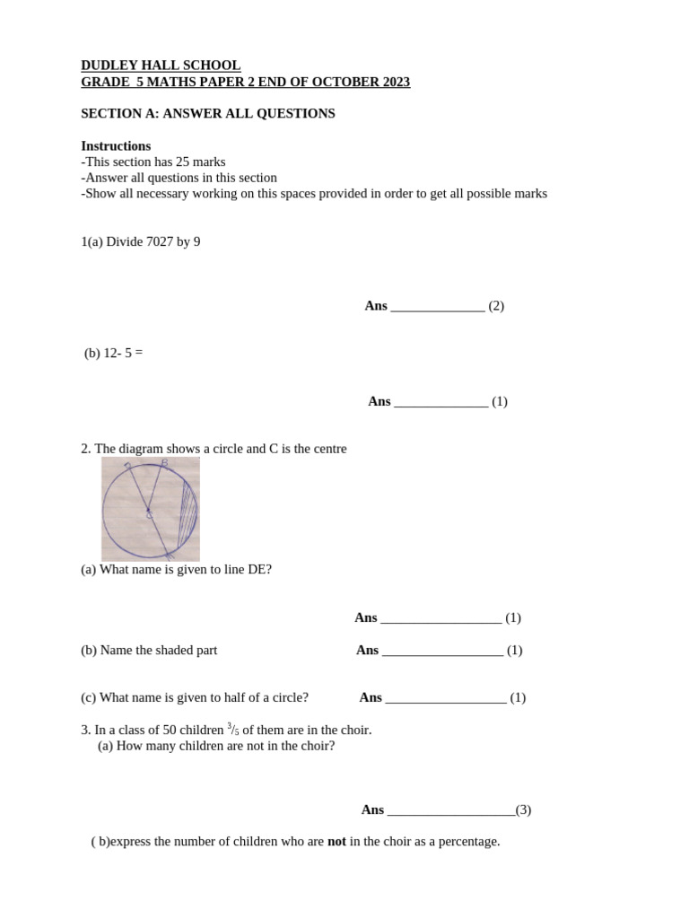 Grade 5 Mathematics Paper 2 End of October 2023 | PDF