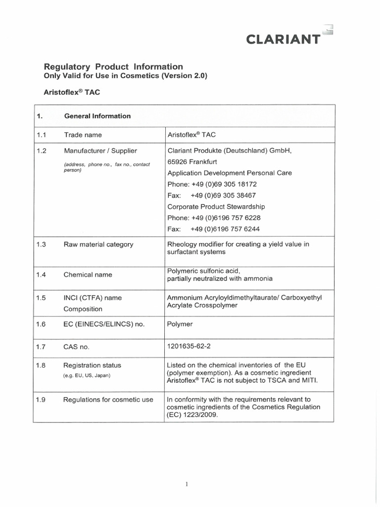 Aristoflex® TAC Regulatory Overview | PDF | Cosmetics