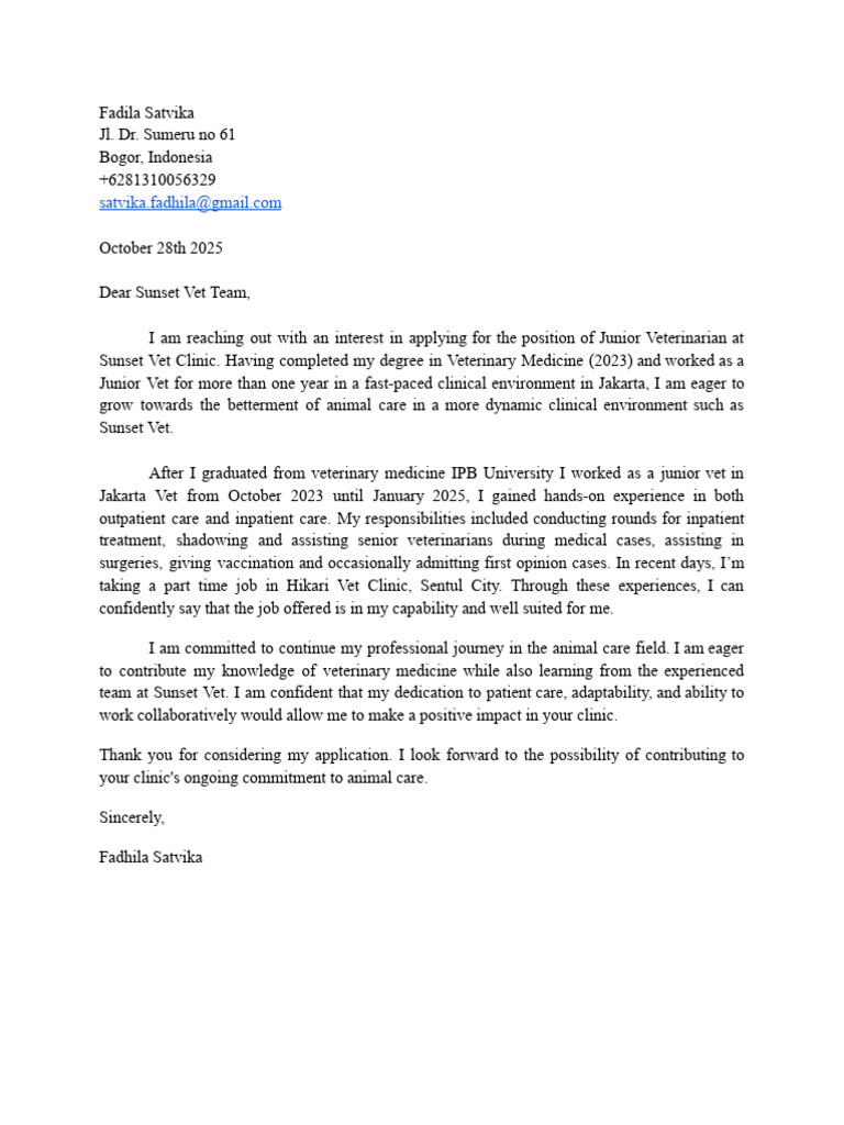 Cover Letter Sunset Vet | PDF