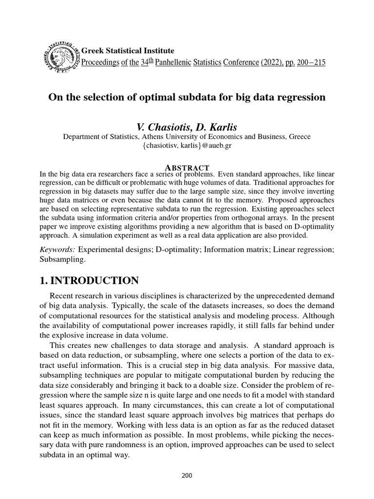 (2022) On The Selection of Optimal Subdata For Big Data Regression ...