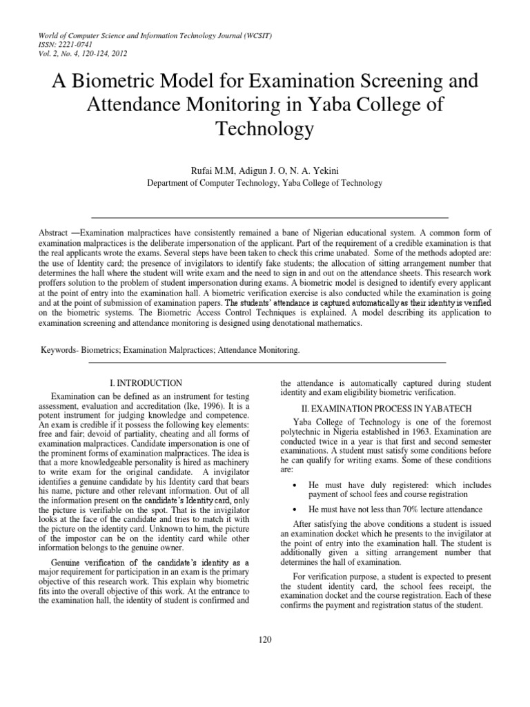 A Biometric Model For Examination Screening and Attendance Monitoring ...