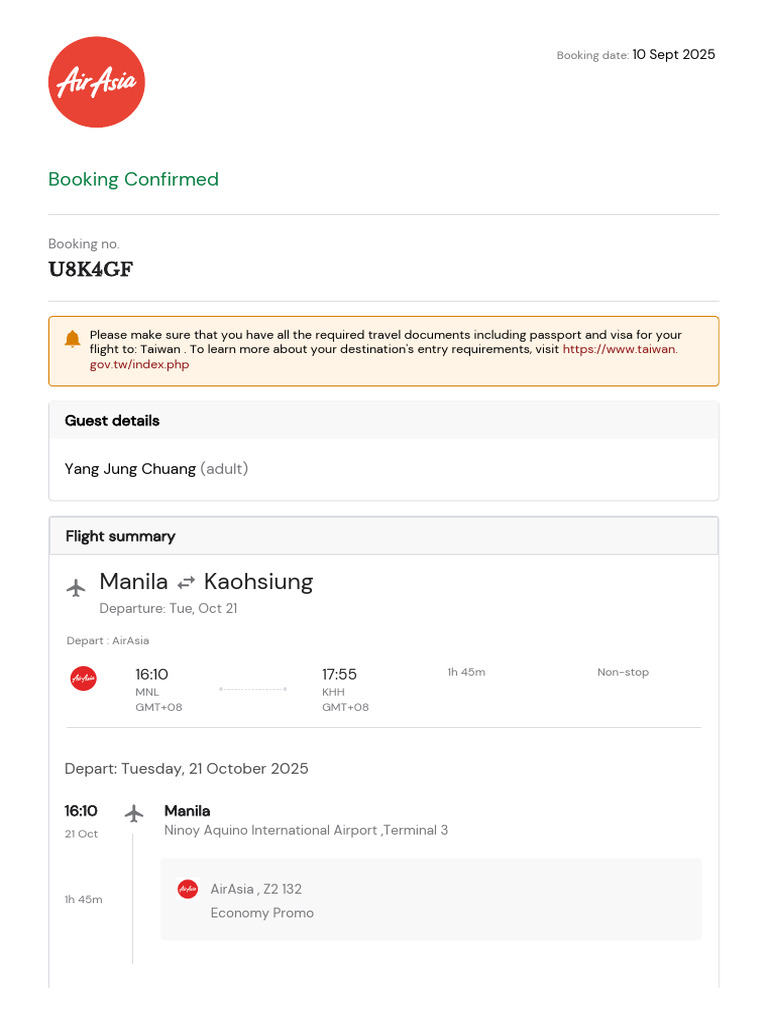 AirAsia Itinerary U8K4GF | PDF