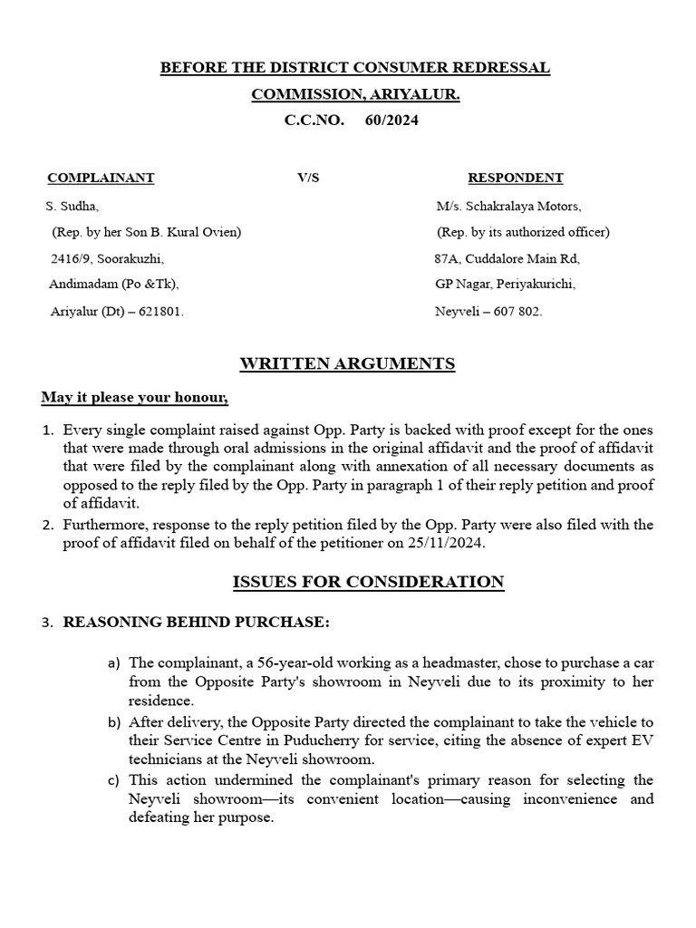 Consumer Court Written Argument Printform-2 | PDF | Misrepresentation | Implied Warranty