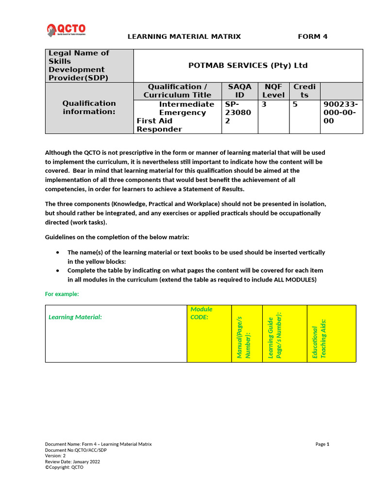 Learning Material Matrix for First Aid | PDF | Learning | Curriculum
