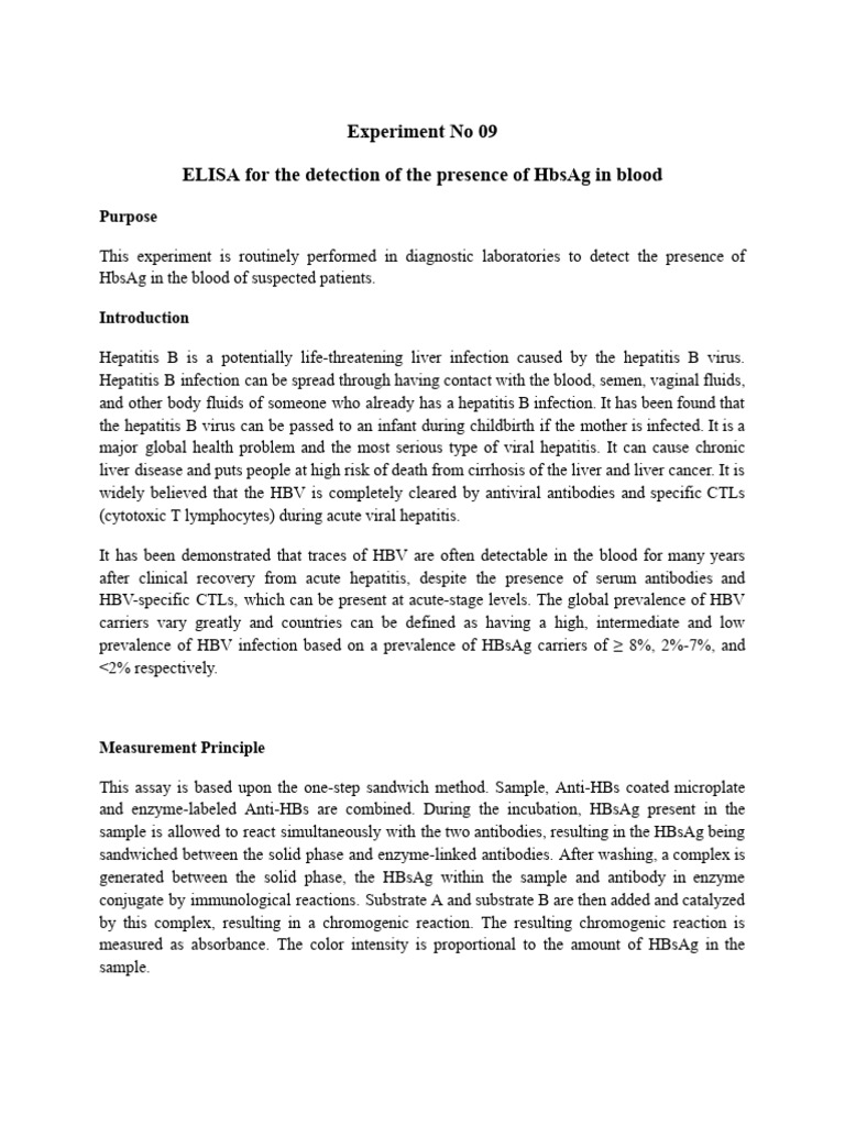 ELISA For The Detection of The Presence of HbsAg in Blood | PDF ...