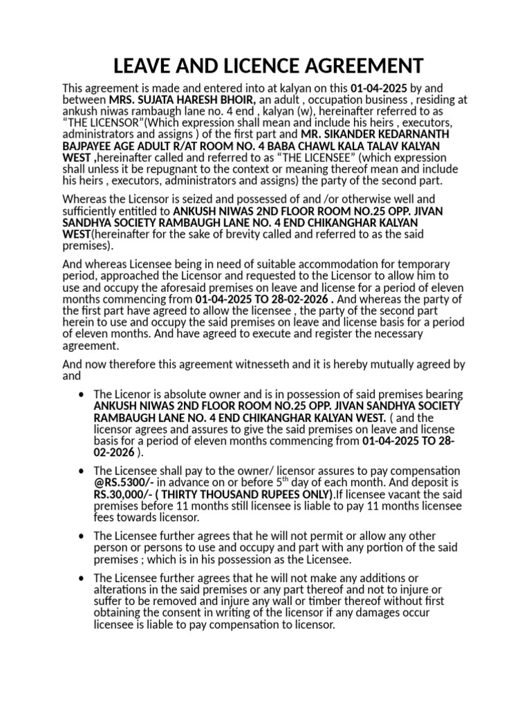 Leave and Licence Agreement Sikander | PDF | License | Lease