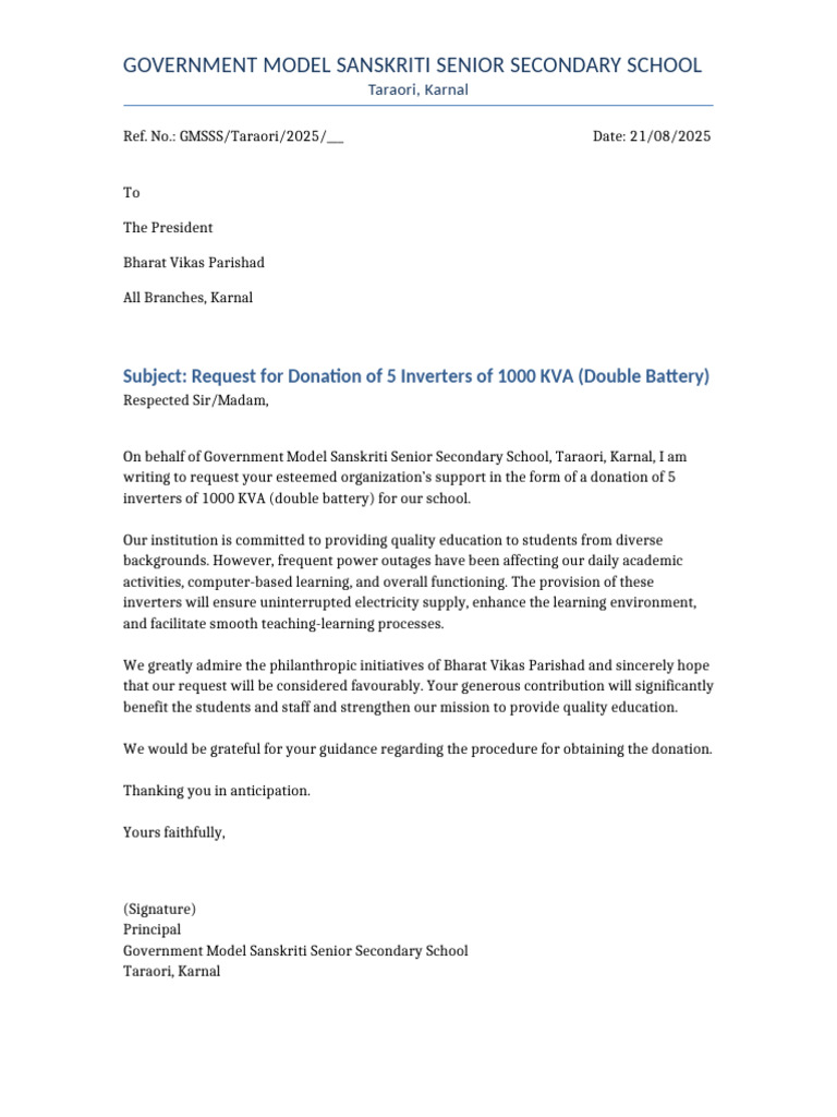 Donation Request for Inverters at GMSSS | PDF