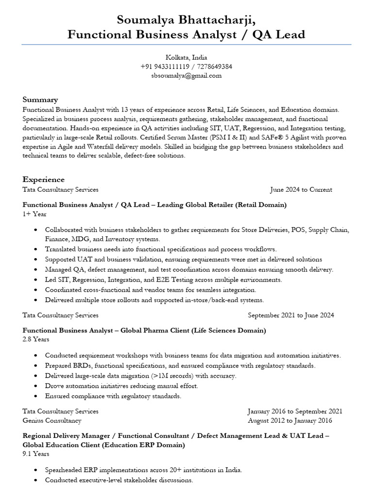 Soumalya Bhattacharji CV BA-1 | PDF | Enterprise Resource Planning | Agile Software Development