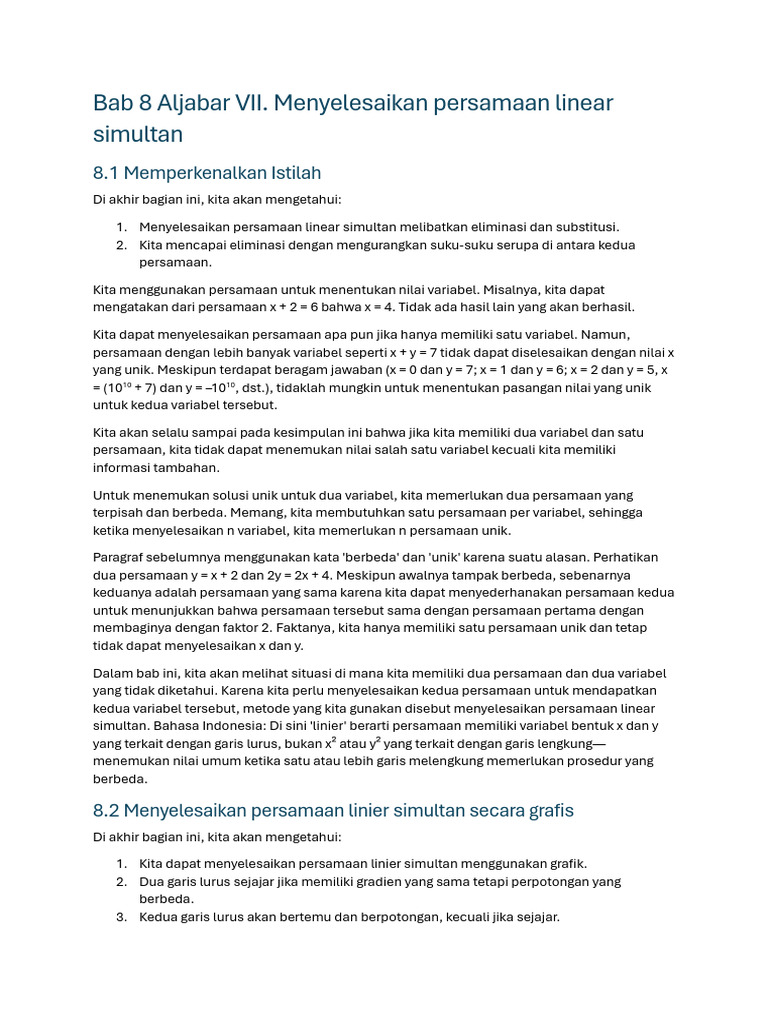 3 - Matkim Bab 8 Aljabar VII. Menyelesaikan Persamaan Linear Simultan | PDF