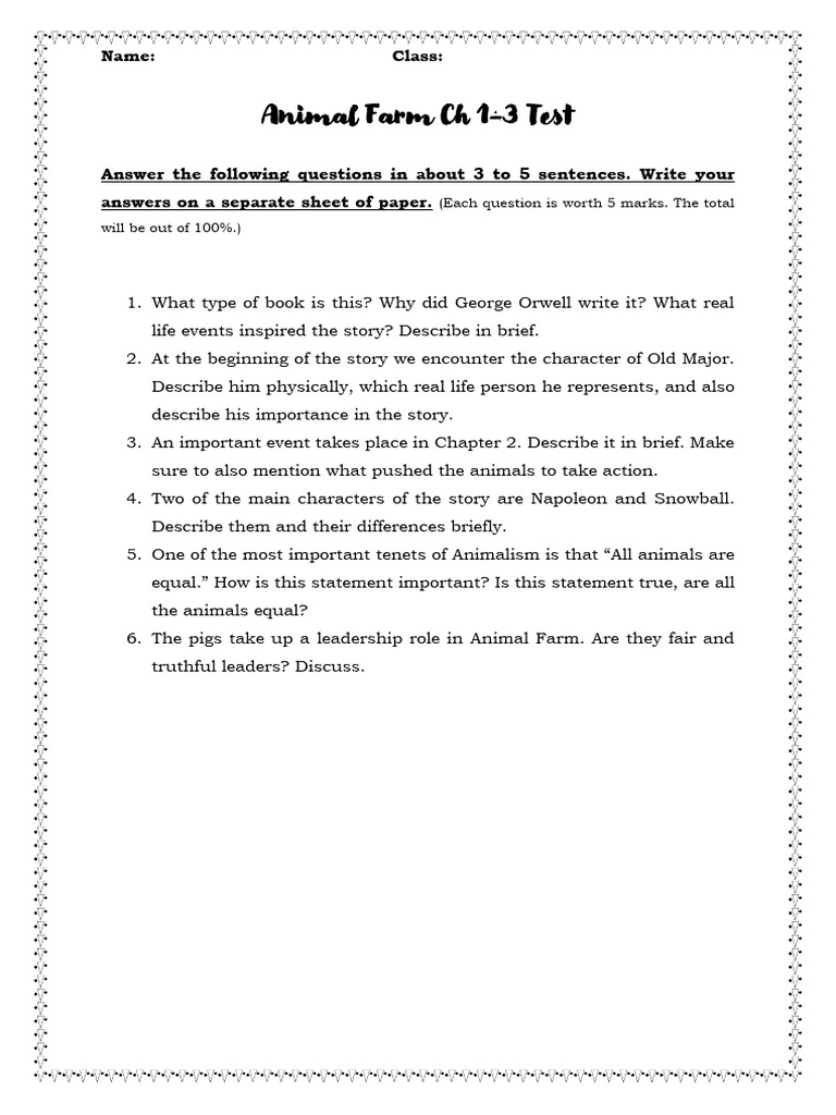 Animal Farm Chapters 1-3 Quiz | PDF