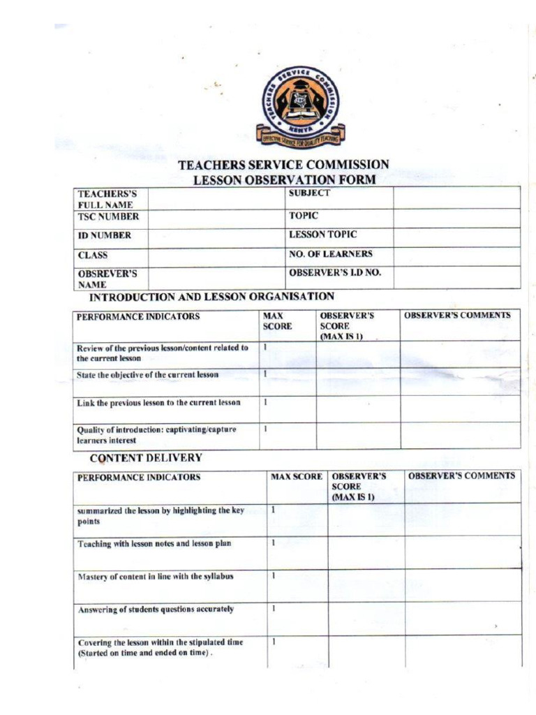 TSC Lesson Observation Form | PDF
