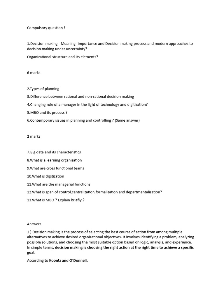 Important Questions Mcob | PDF | Decision Making | Risk